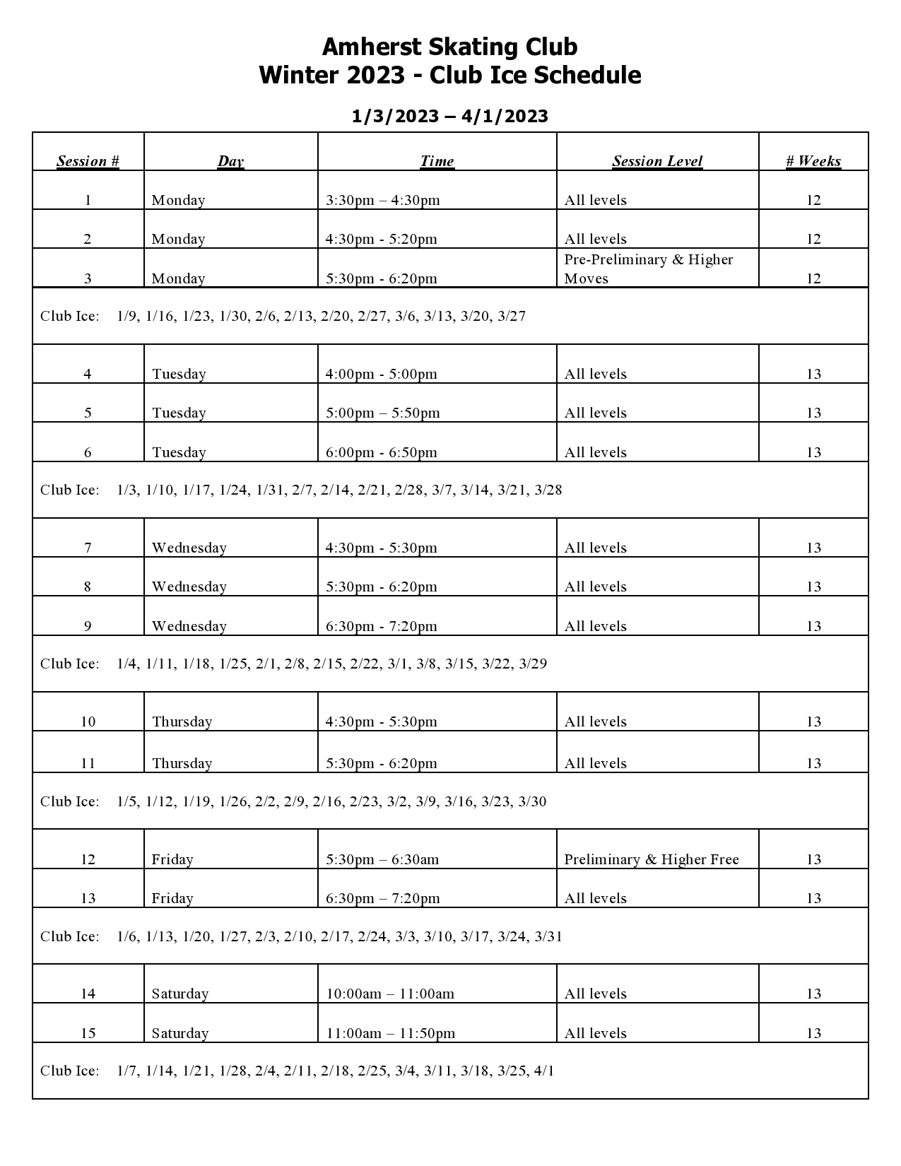 Club Ice Schedule :: Amherst Skating Club